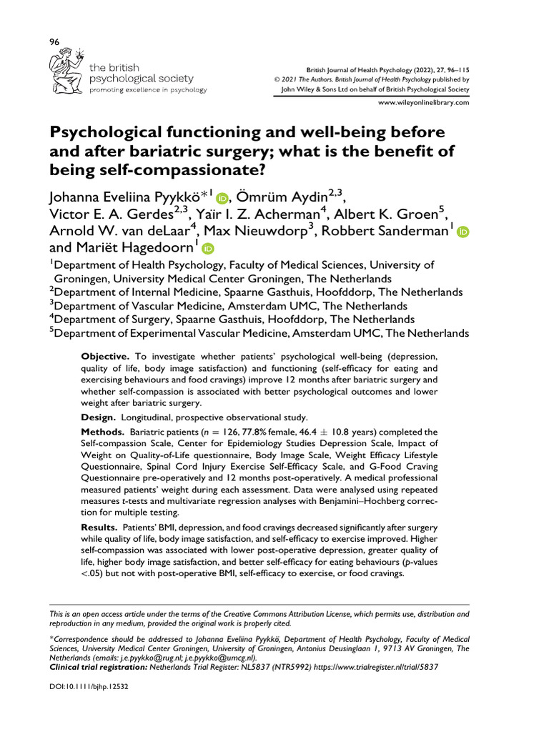 Psychological Functioning and Well-Being Before and After Bariatric ...