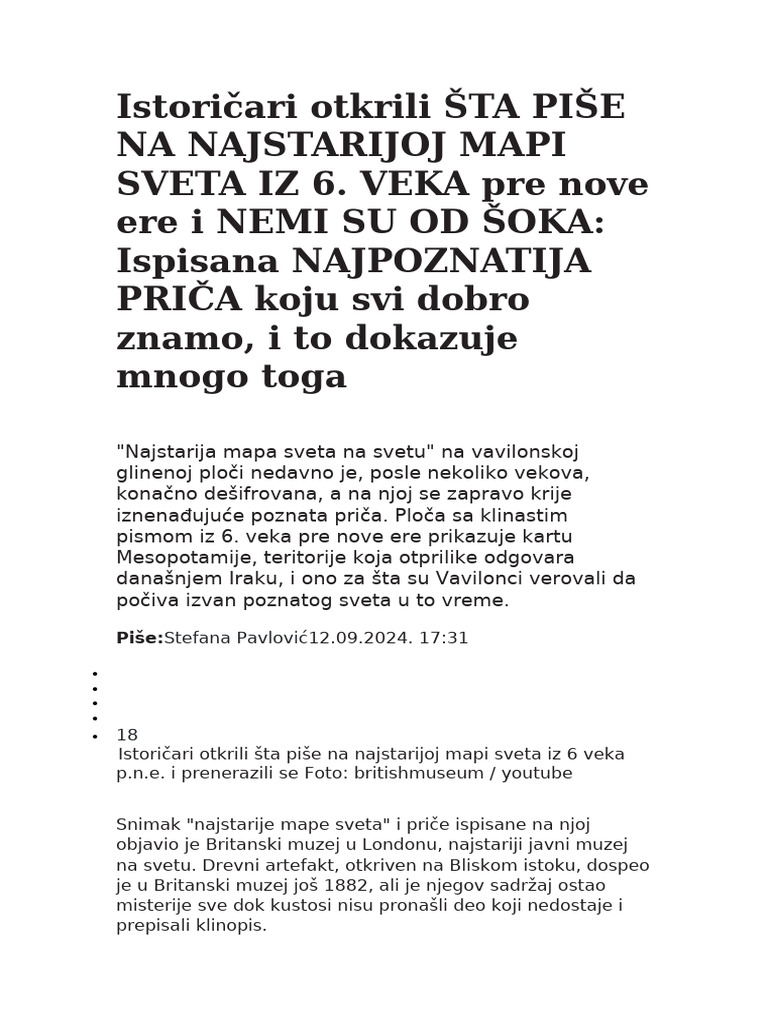 Istoričari Otkrili ŠTA PIŠE NA NAJSTARIJOJ MAPI SV | PDF