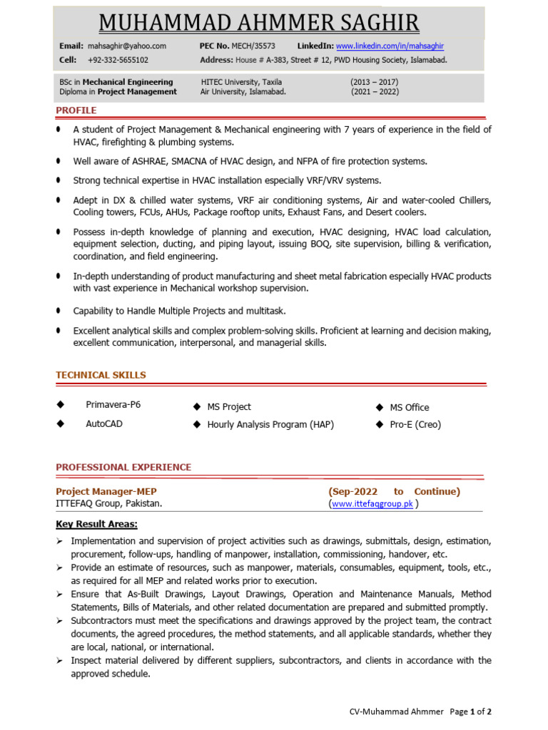01-Muhammad Ahmmer-MEP-Project Manager-CV | PDF