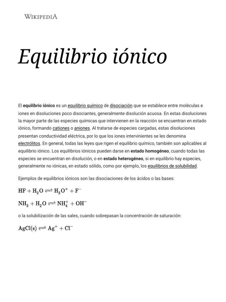 Equilibrio Iónico - Wikipedia, La Enciclopedia Libre | PDF | Equilibrio químico | Solución acuosa
