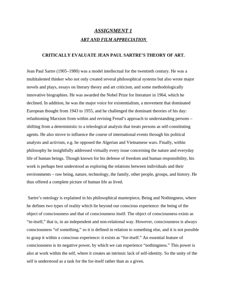 Assignment 1: Critically Evaluate Jean Paul Sartre'S Theory of Art | PDF