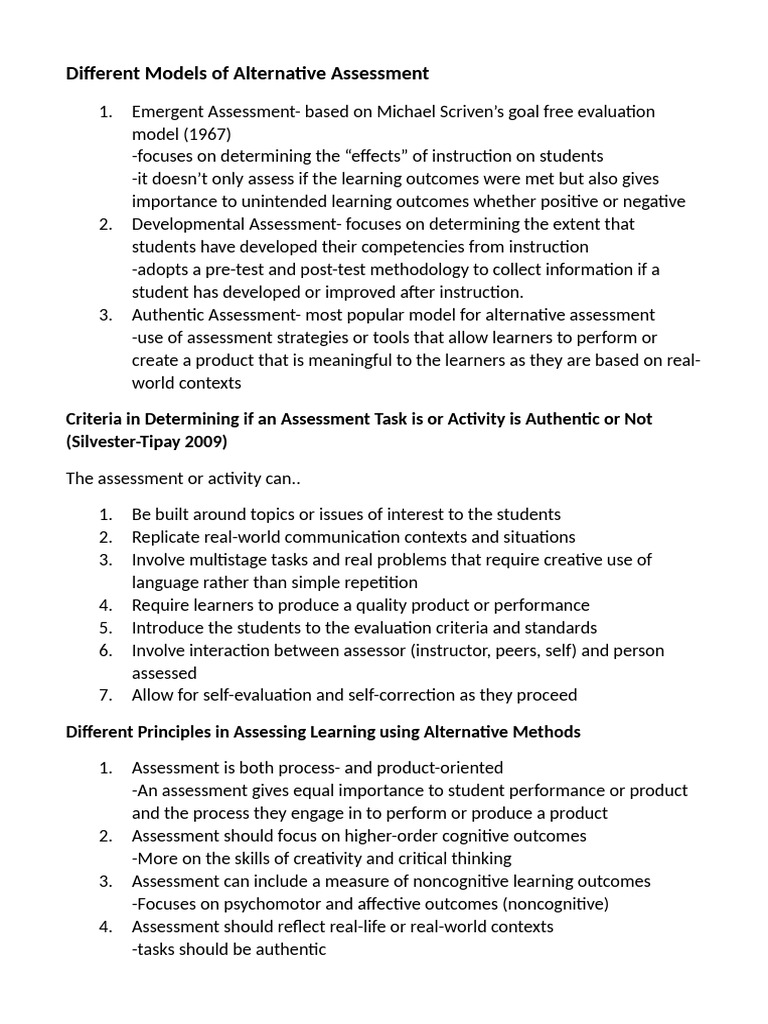 Different Models of Alternative Assessment | PDF