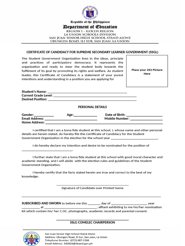 Certificate of Candidacy For Supreme Secondary Learner Government | PDF