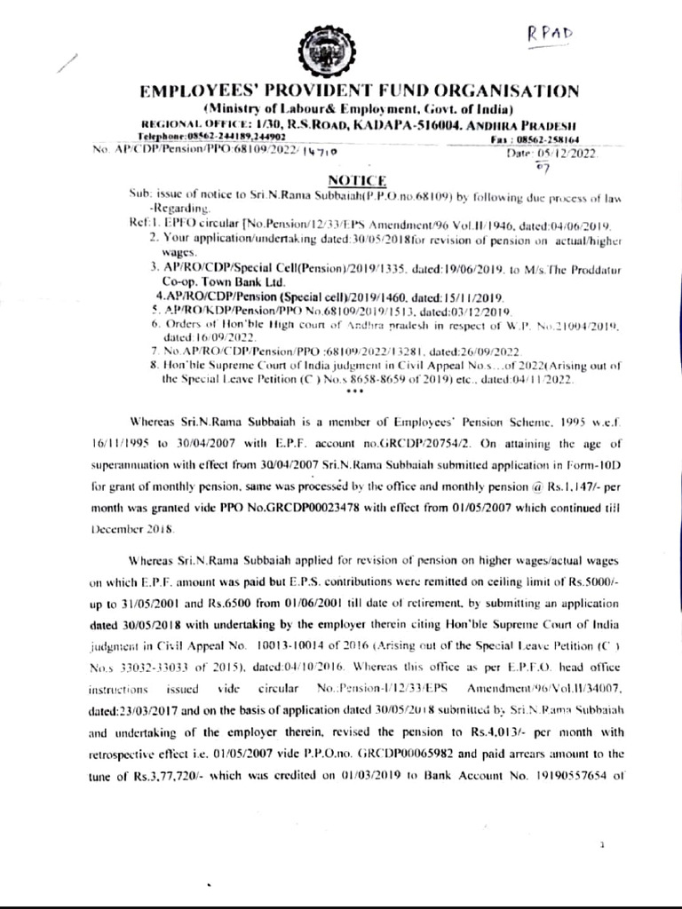 Epfo Kadapa Letter Pre 2014 Case | PDF