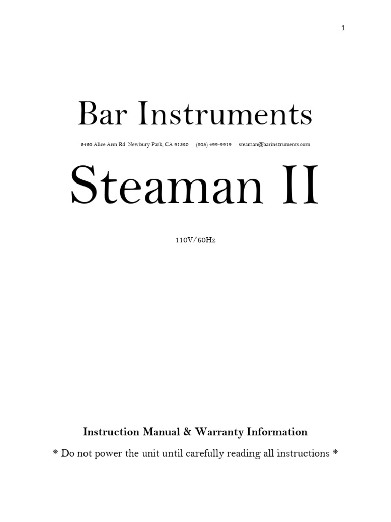 bar-instruments-steaman-ii-instruction-manual-warranty-information-3 | PDF