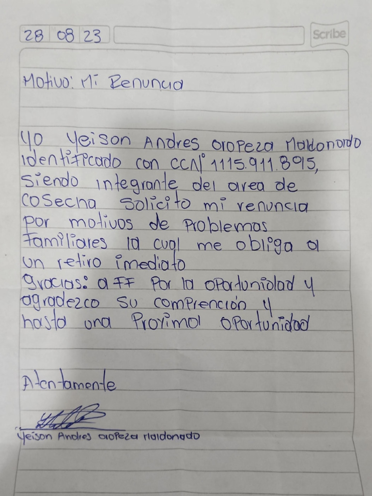 Carta de Renuncia Yeison Oropeza FFC | PDF