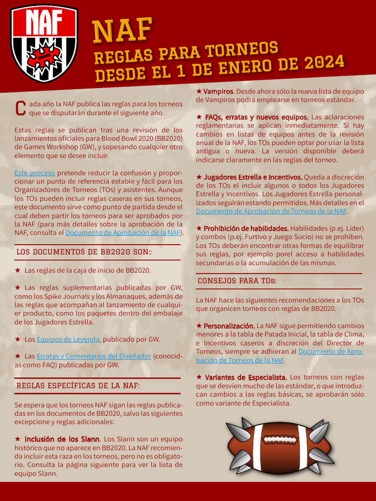 NAF Rules For Tournaments 2024 Spanish | PDF