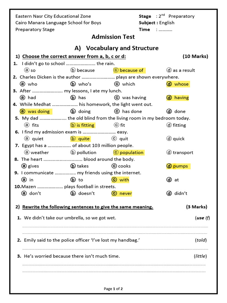 Admission Test 2nd Prep Answers | PDF