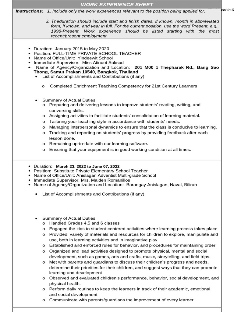 Work Experience Sheet CSGLM Form No. 212 | PDF | Learning | Career & Growth