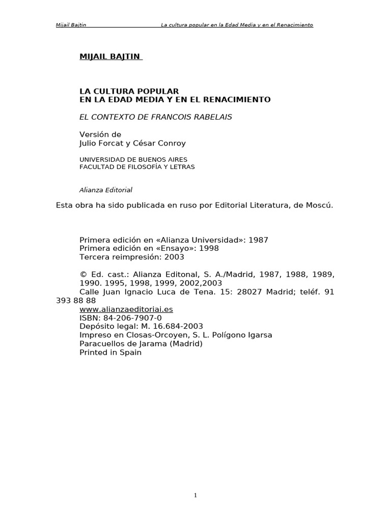 Mijail Bajtin - La Cultura Popular en La Edad Media y El Renacimiento | PDF