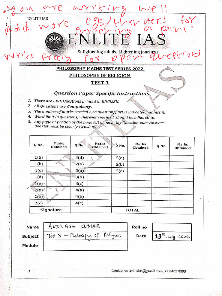 Philosophy National Topper UPSC CSE 2022 AIR 17 Avinash Kumar Philosophy of Religion Paper | PDF