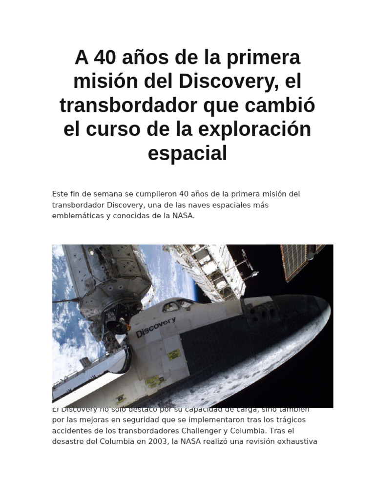 A 40 Años de La Primera Misión Del Discovery | PDF | Transbordador espacial | Programa de ...