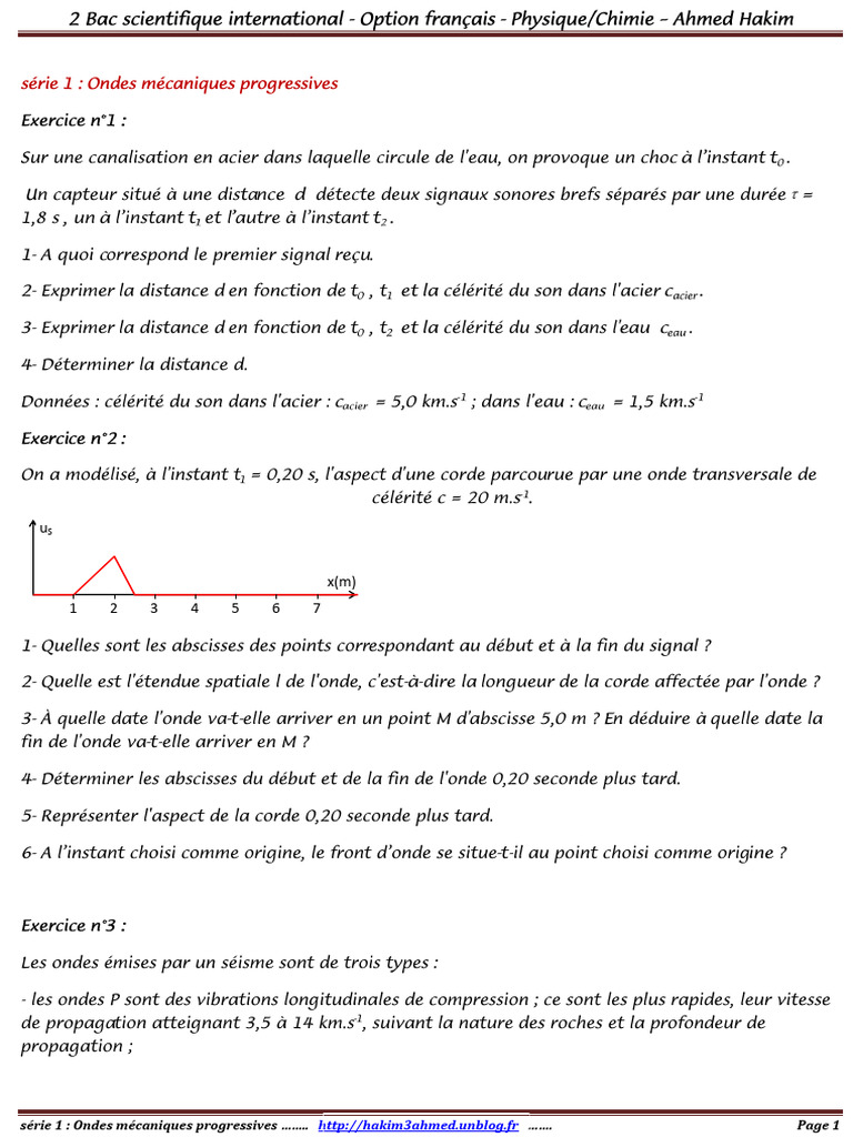 Exercices 14 Ondes Mécaniques Progressives (Ahmed Hakim) | PDF