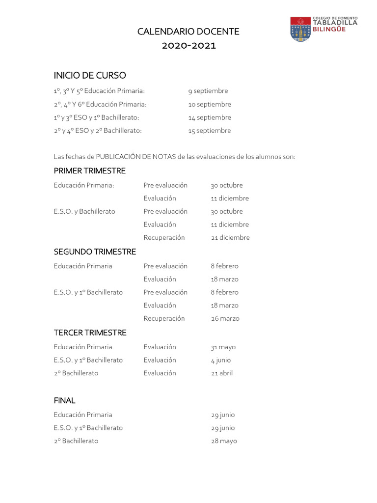 Calendario Escolar 2020-2021 | PDF