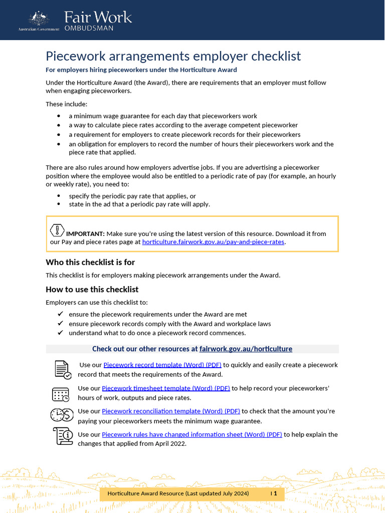 Piecework Arrangements Employer Checklist | PDF