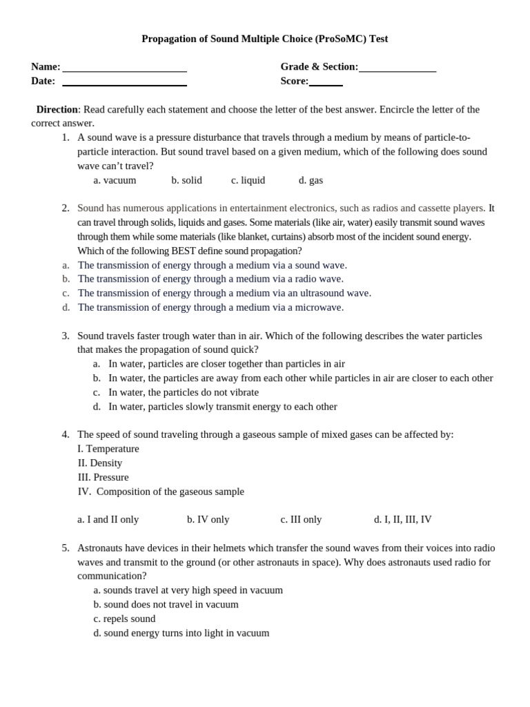 Propagation of Sound Multiple Choice 3 | PDF