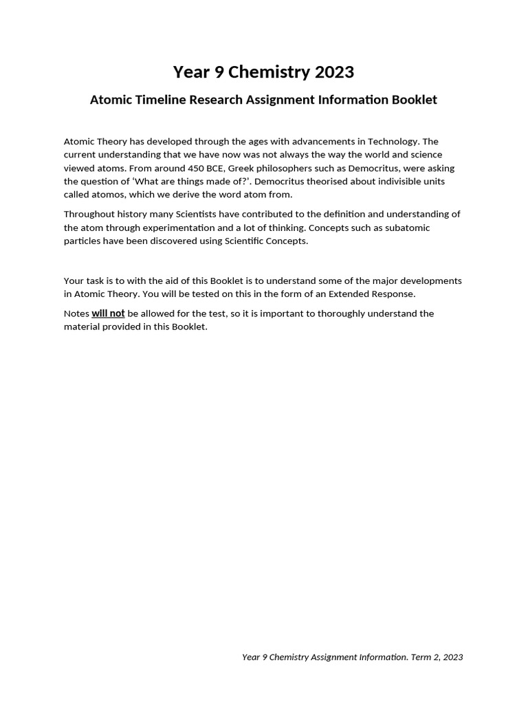Year 9 Chemistry Assignment Handout 2023 | PDF