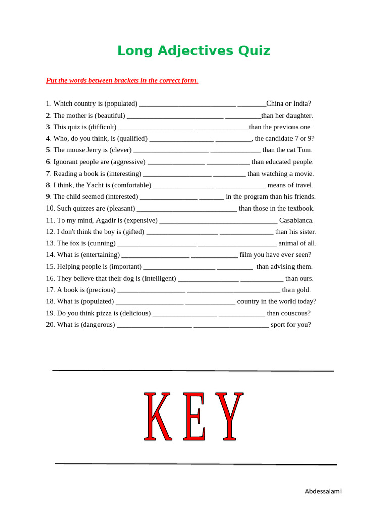 Long Adjectives Quiz | PDF