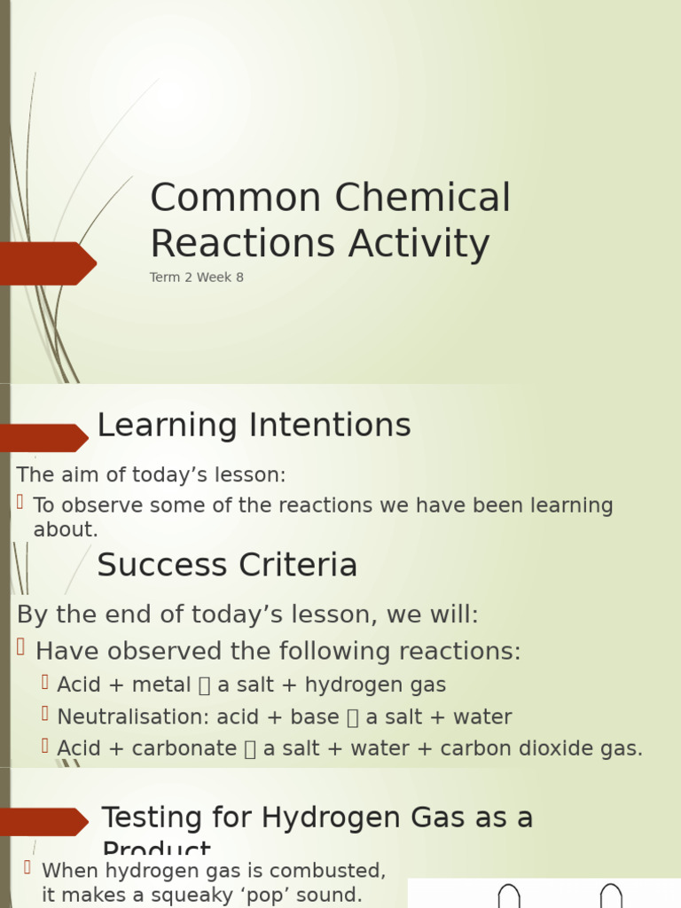 Year 9 Science W8 L4 Common Chemical Reactions Activity | PDF