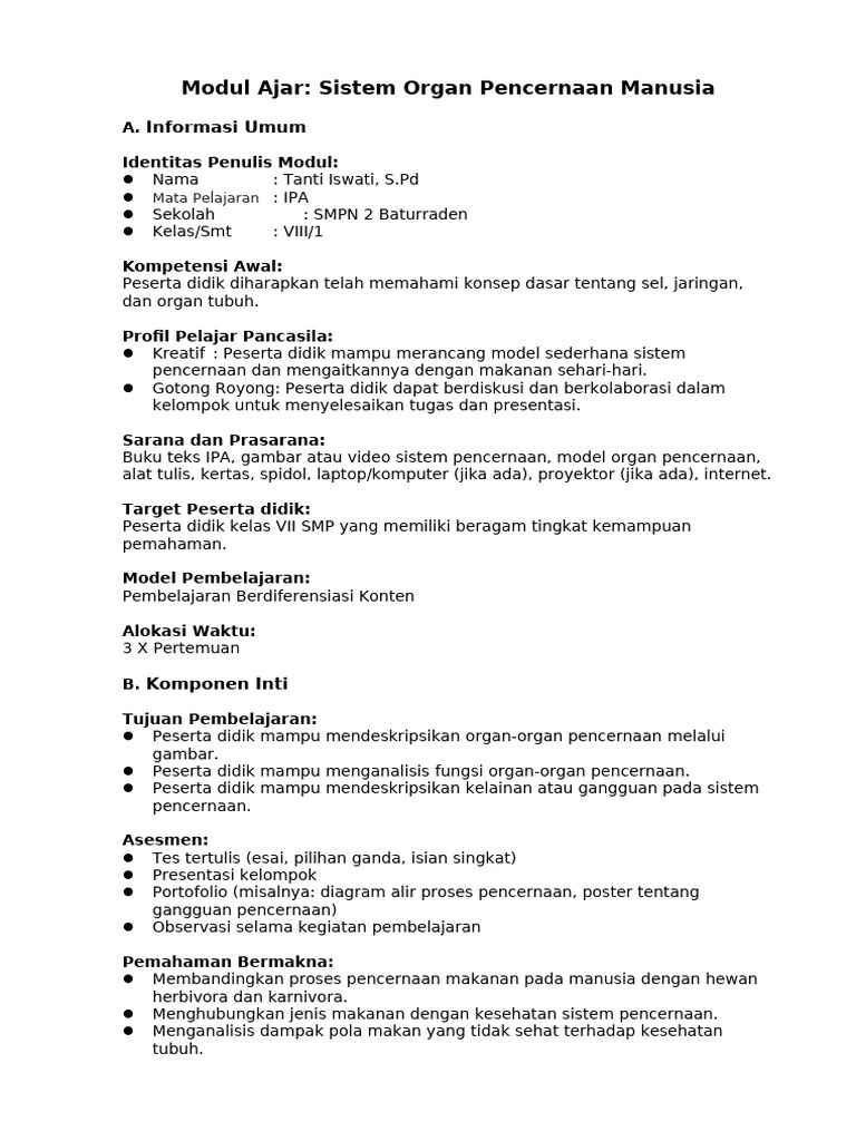 Modul Ajar Sistem Pencernaan | PDF