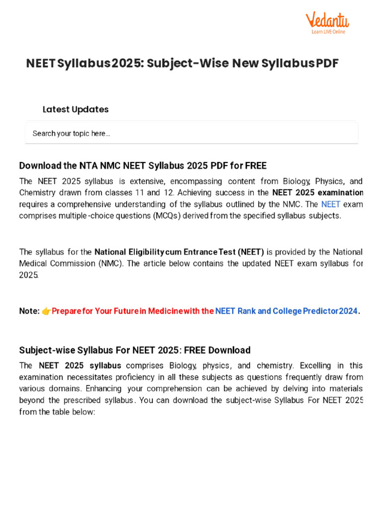 NEET Syllabus 2025 - Subject-Wise New Syllabus PDF | PDF
