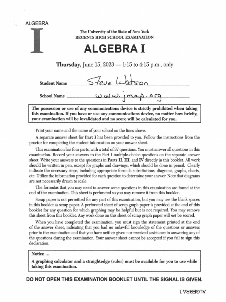 Algebra!: Thursday, June 15, 2023 - 1:15 To 4:15 P.M., Only | PDF