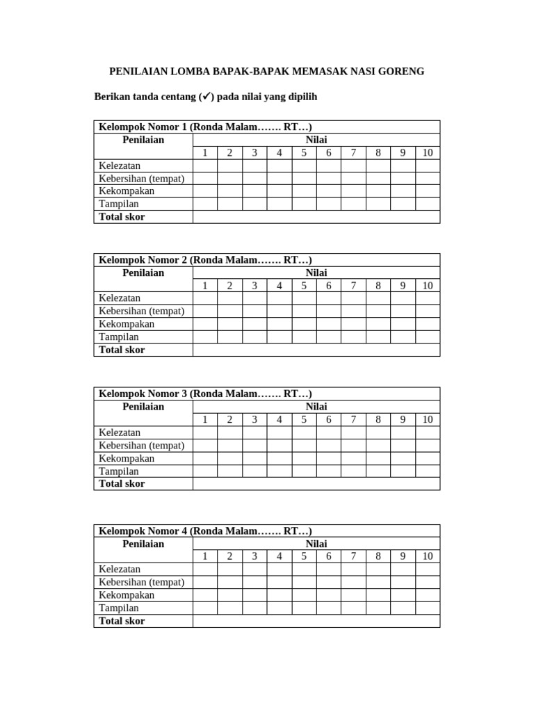 Form Penilaian Lomba Bapak-Bapak Memasak Nasi Goreng | PDF