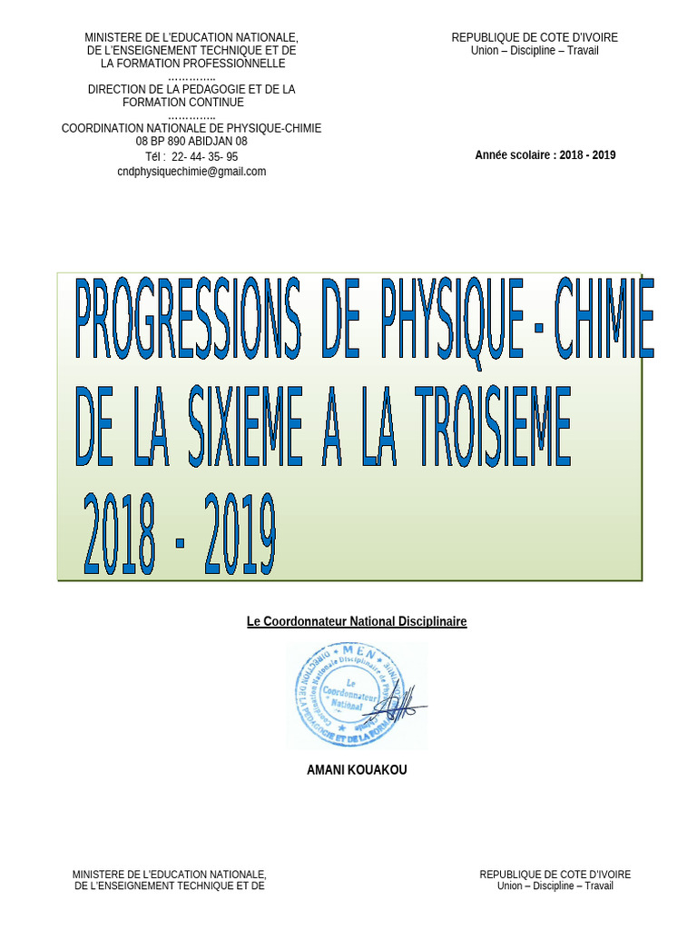 Progression Physique-Chimie 2018 - 2019 1er Cycle | PDF