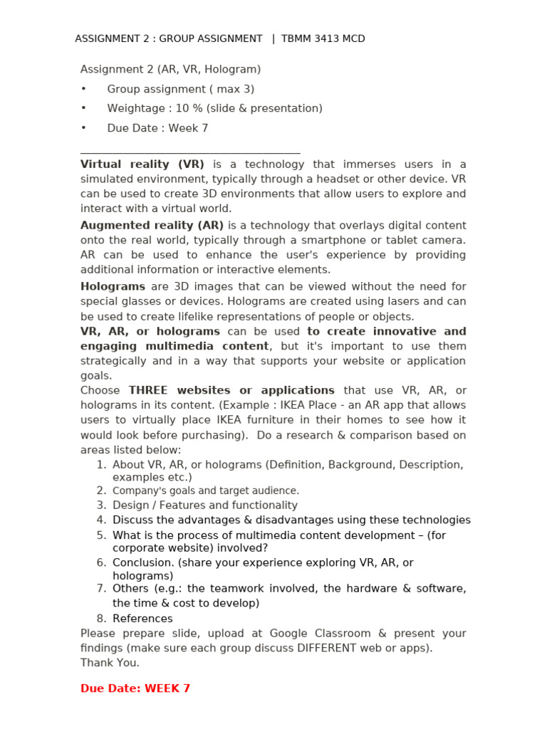 Assignment 2 AR VR Hologram | PDF