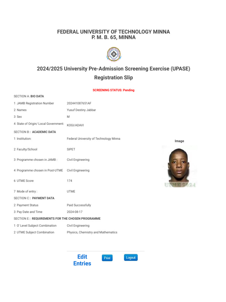 FUTMinna Print Out | PDF