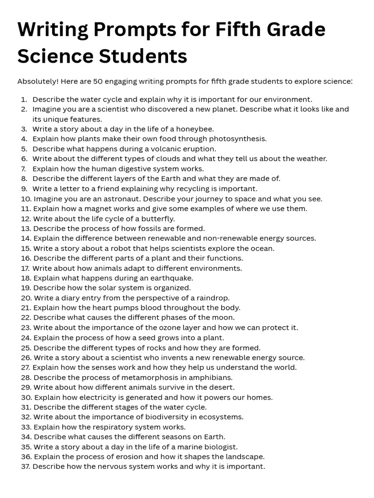 Writing Prompts For Fifth Grade Science Students | PDF | Earth | Energy ...