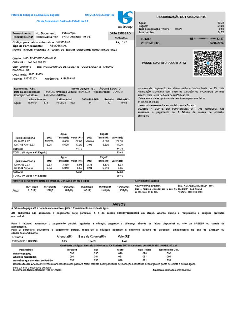 Sabesp Fatura Completa 86040480359941 9107638325581 269079 | PDF