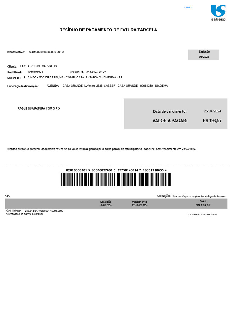 Sabesp Fatura Completa 86040480359941 9107798145114 834334 | PDF