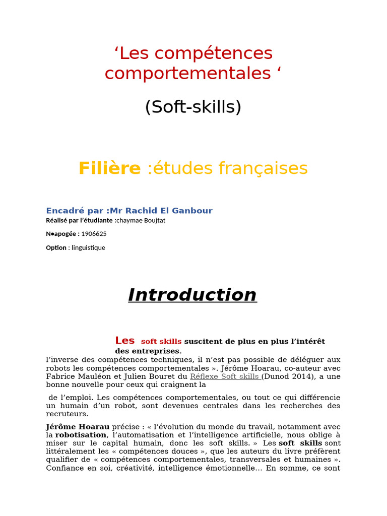 Les Compétences Comportementales : Filière | PDF