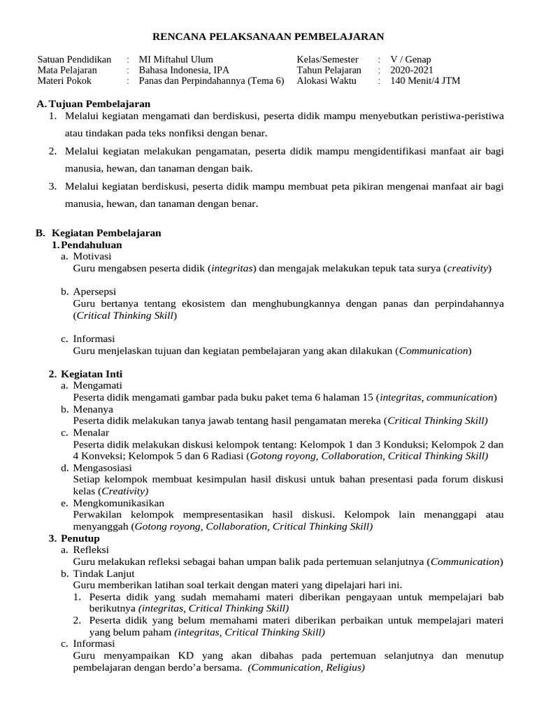 Contoh RPP 1 Lembar FIKIH 6-1 | PDF