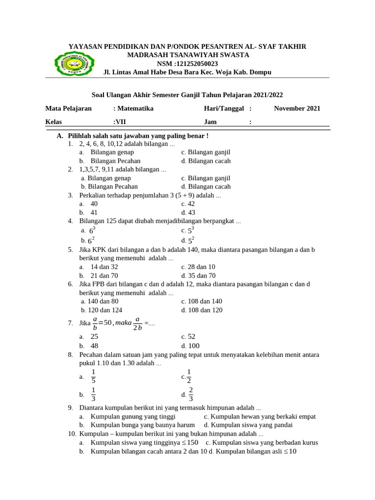 Soal Mapel MTK KLS 7 MTK Ganjil | PDF