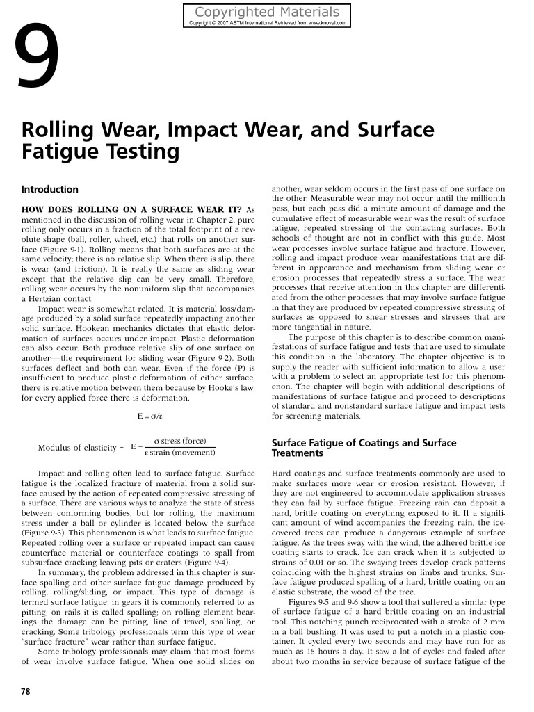 9. Rolling Wear, Impact Wear, And Surface Fatigue Testing | PDF