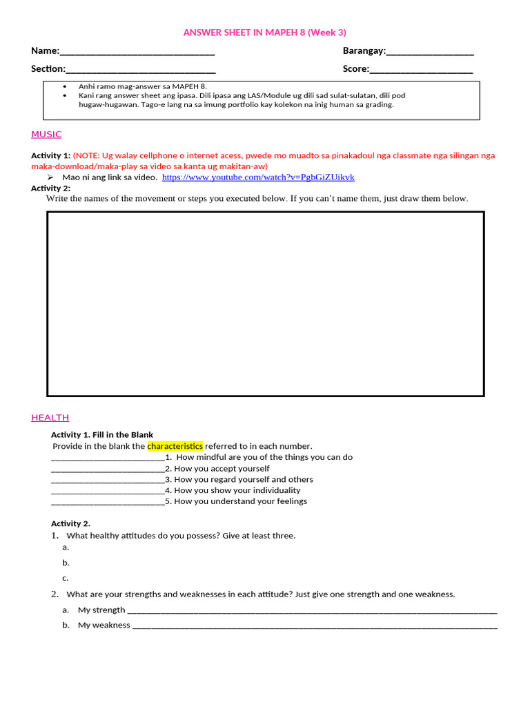 ANSWER SHEET IN MAPEH 8 w3 | PDF