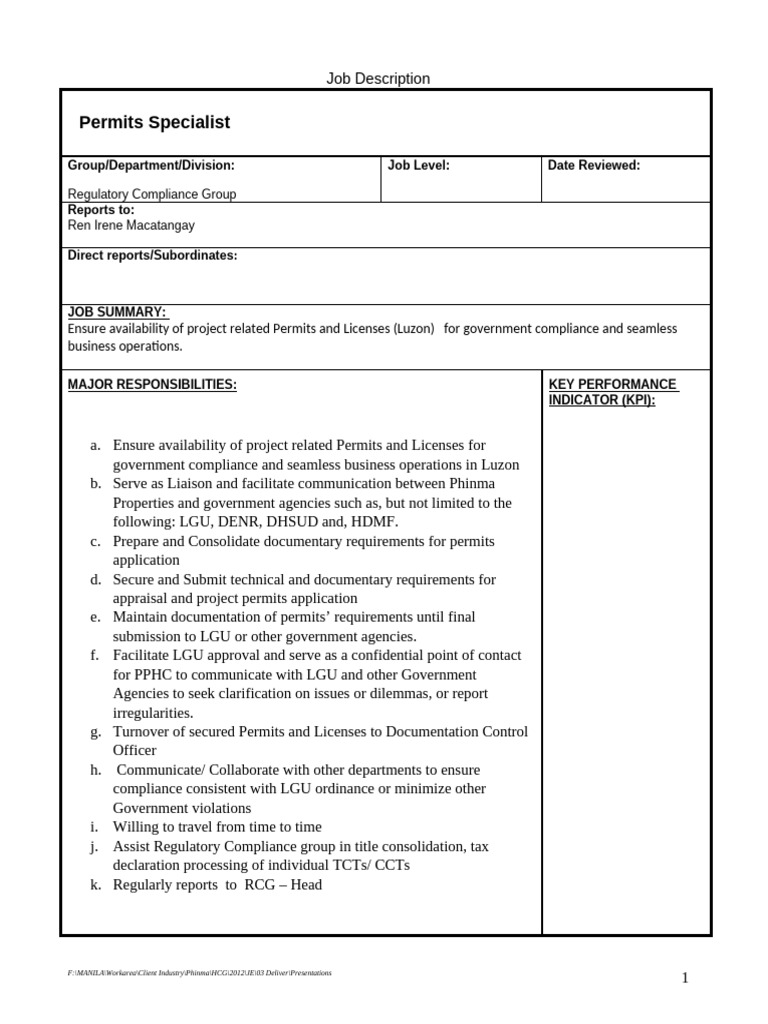 Permits - Job Description Form | PDF