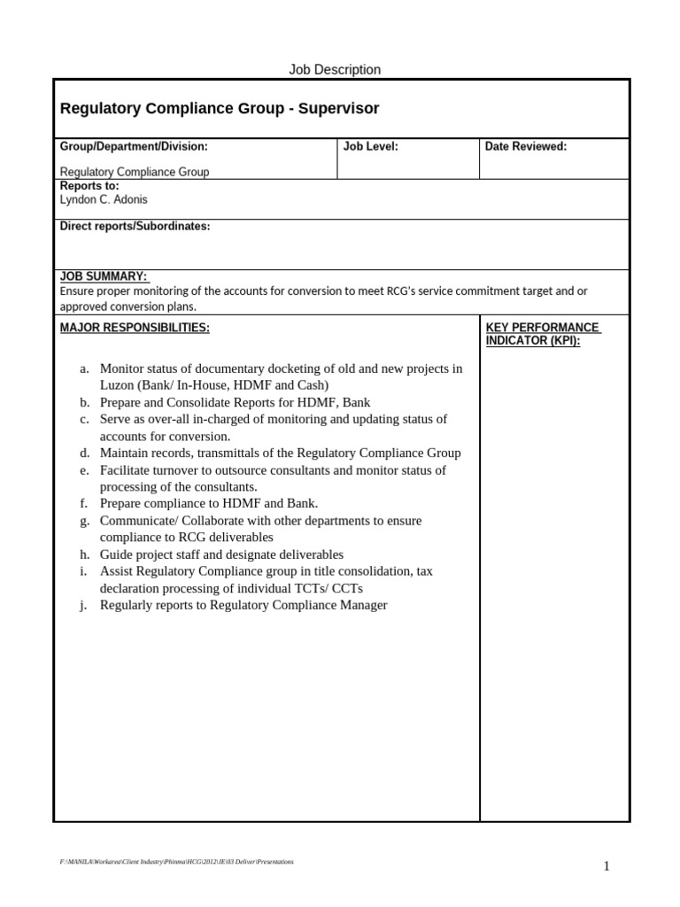 RCG - Job Description Form | PDF