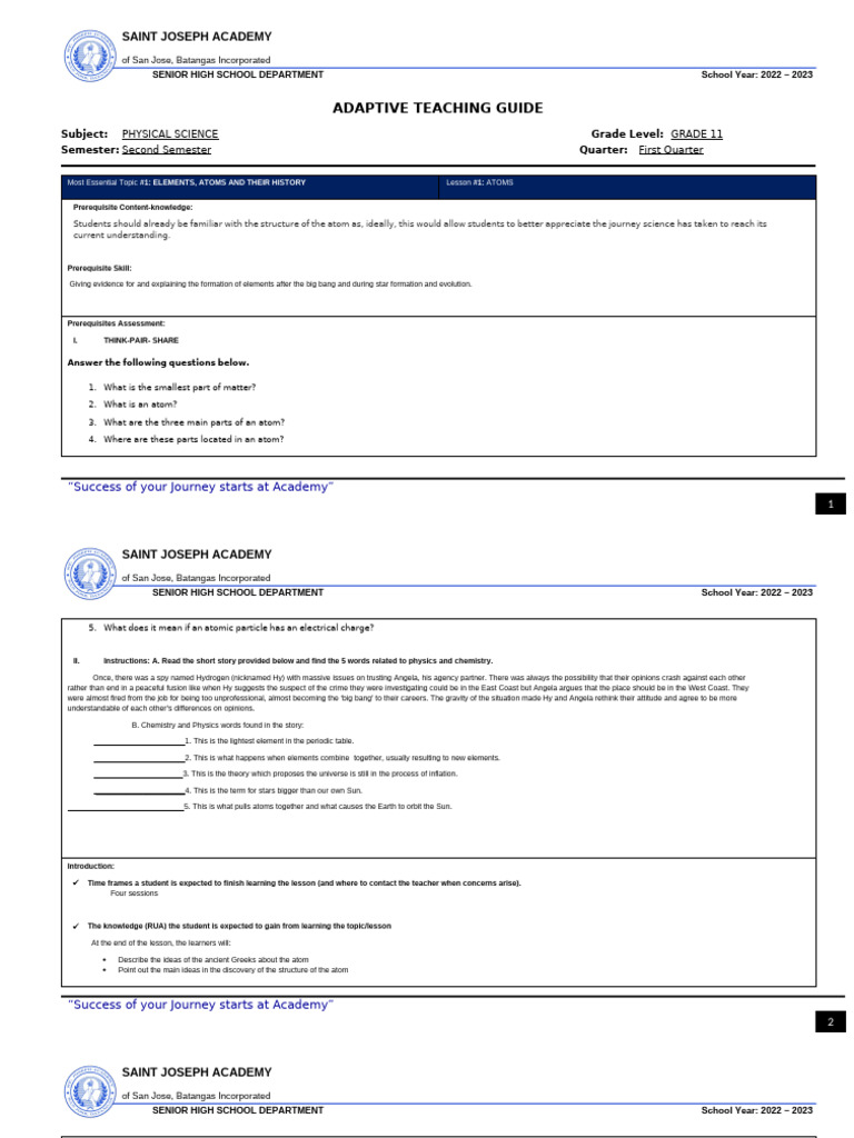 ATG Physical Science First Quarter Second Semester | PDF | Atomic Orbital | Nuclear Physics