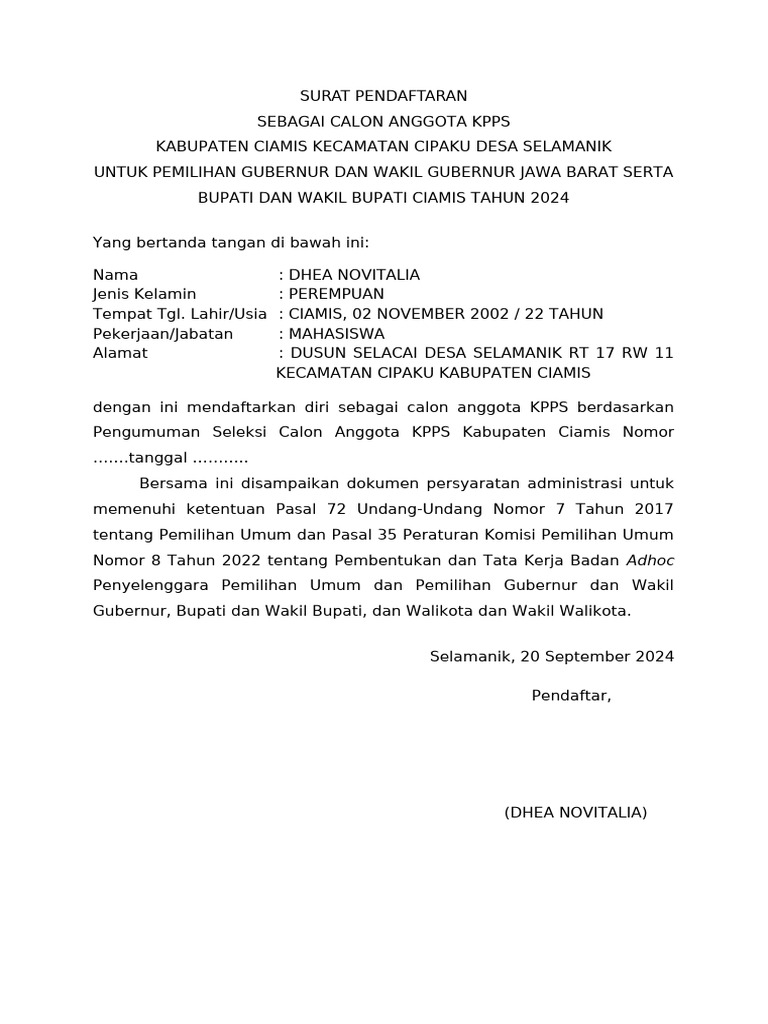 TEMPLATE - SURAT PENDAFTARAN KPPS PILKADA 2024 - Use KPPS | PDF