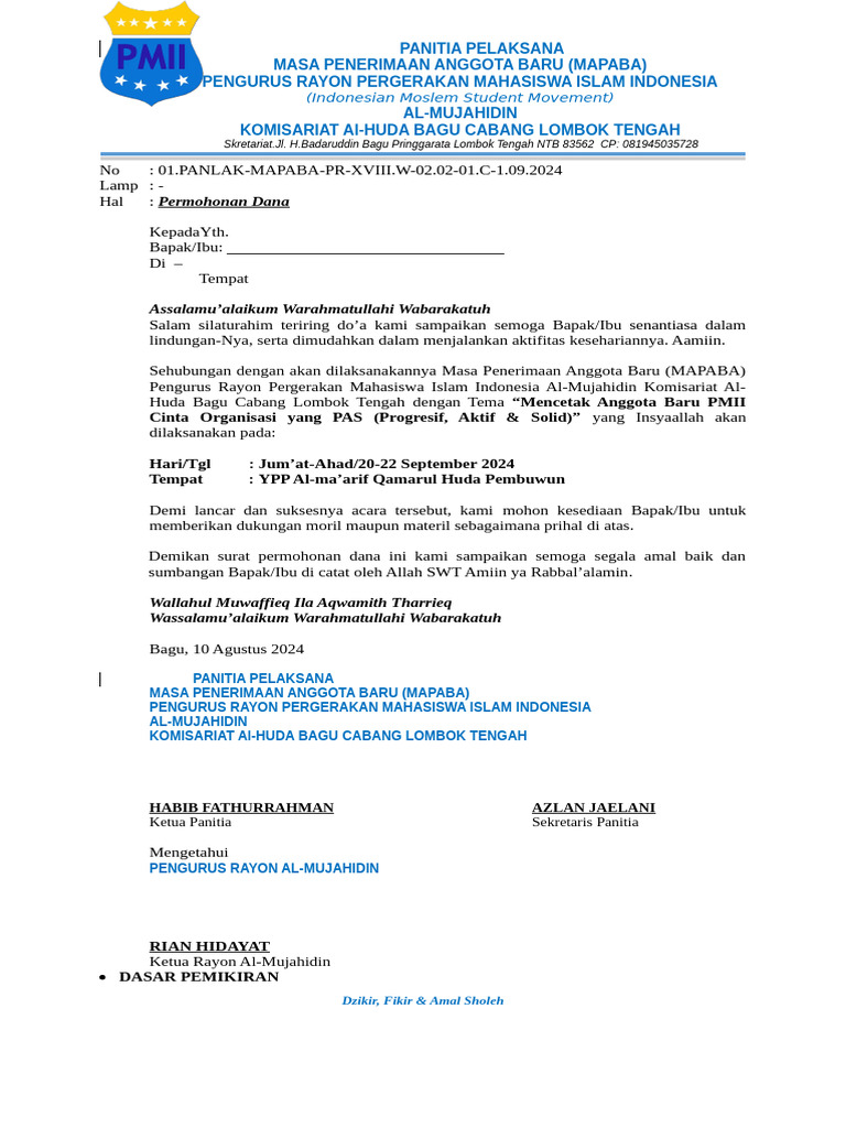 Permohonan Dana MAPABA PMII Lombok | PDF | Abrahamic Religions | Career & Growth