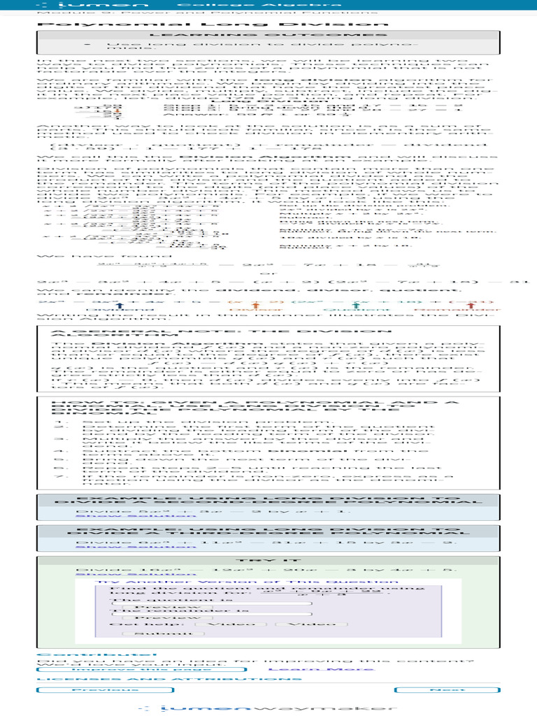Polynomial Long Division College Algebra | PDF