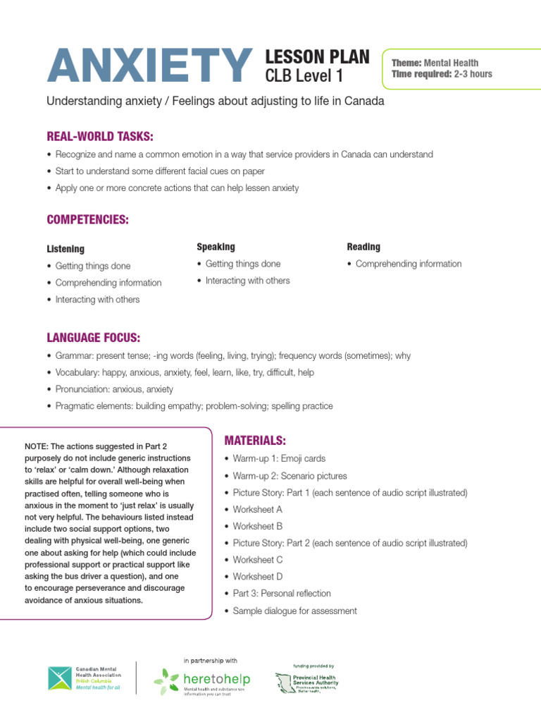 Anxiety-LINC-lesson-plan-CLB1-_CMHA2018 | PDF