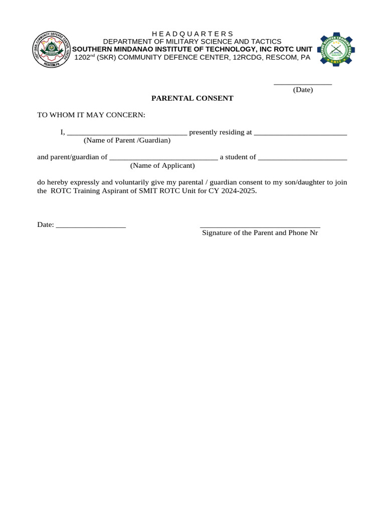 Parental Consent for ROTC Training | PDF
