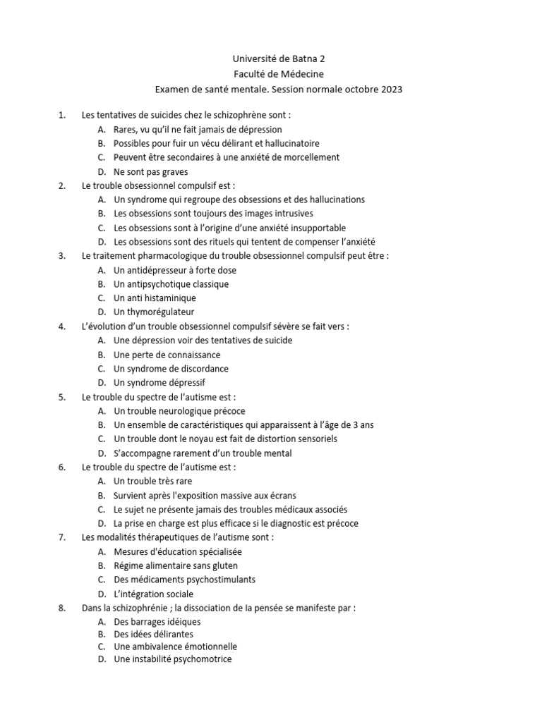 Université de Batna 2 Faculté de Médecine Examen de Santé Mentale ...