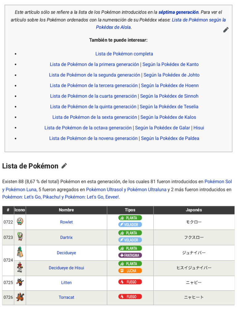 Lista de Pokémon de la séptima generación - WikiDex | PDF
