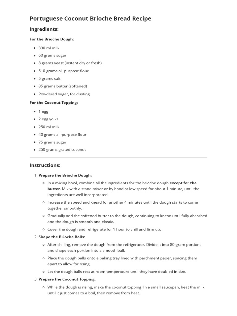 Portuguese Coconut Brioche | PDF | Dough | Wellness