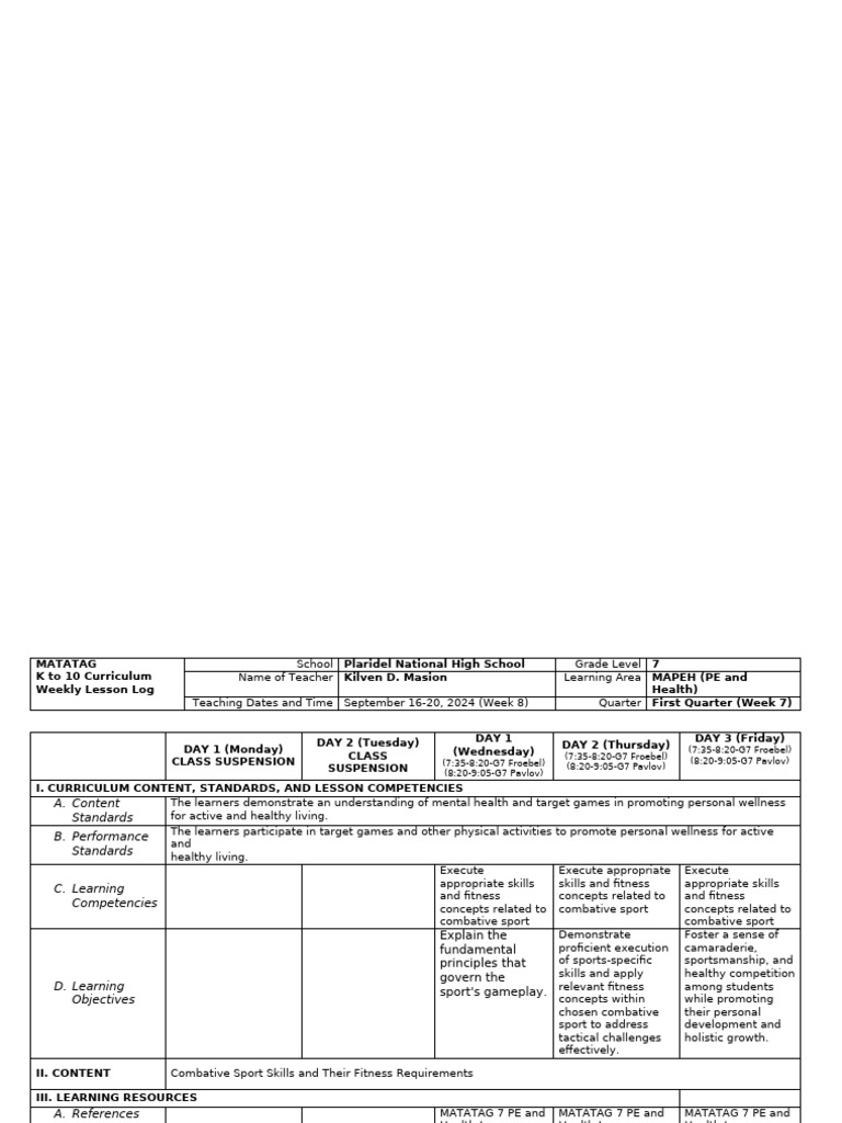 WEEK8 MAPEH7 Matatag | PDF